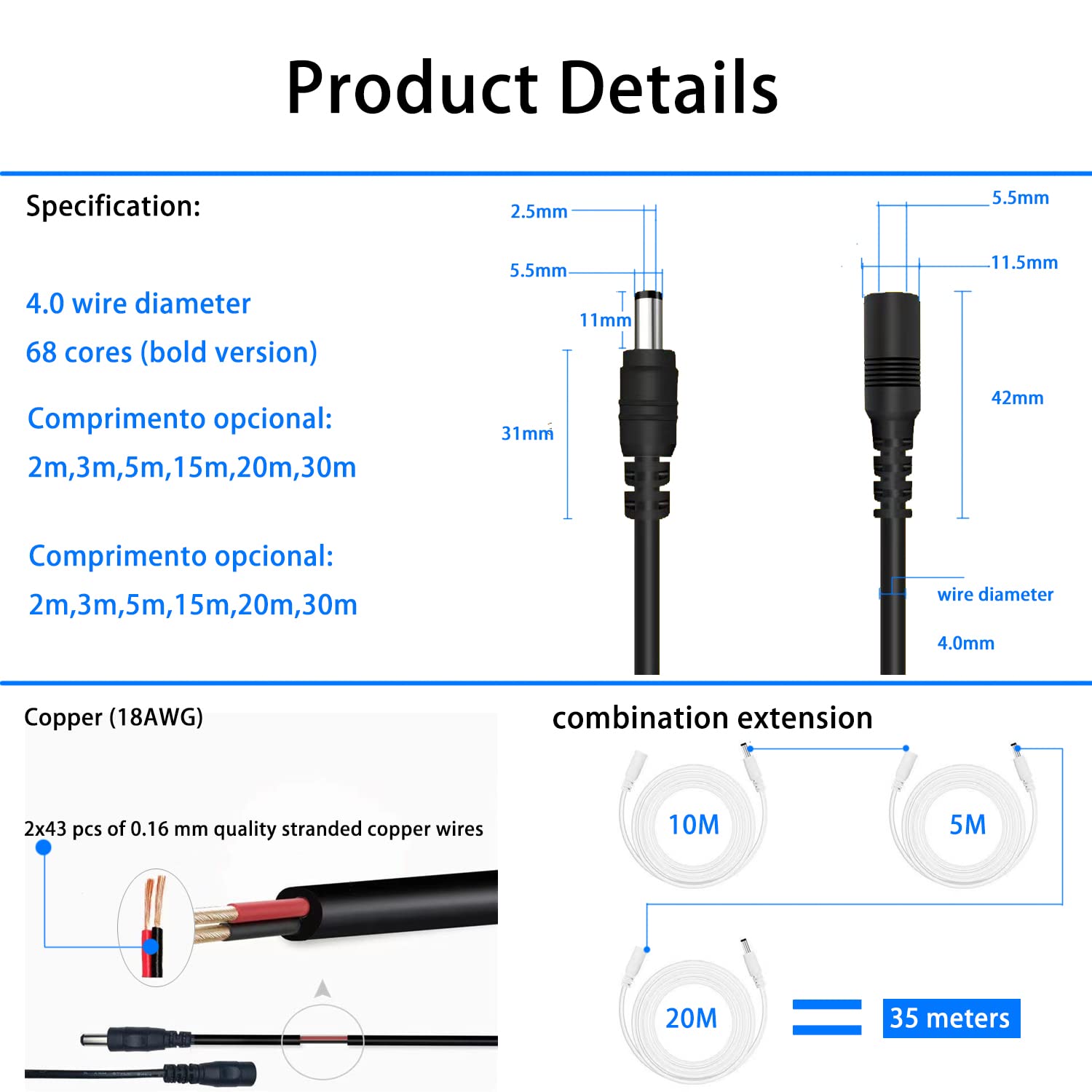 AWG 18 dc Power Extension Cable 10ft (3M) 5.5mmx2.5mm 5V 12V 24V Power Supply Adapter CCTV Security Wireless IP Camera Dvr Standalone LED Strip,Car Male to Female Plug Cable White 3M