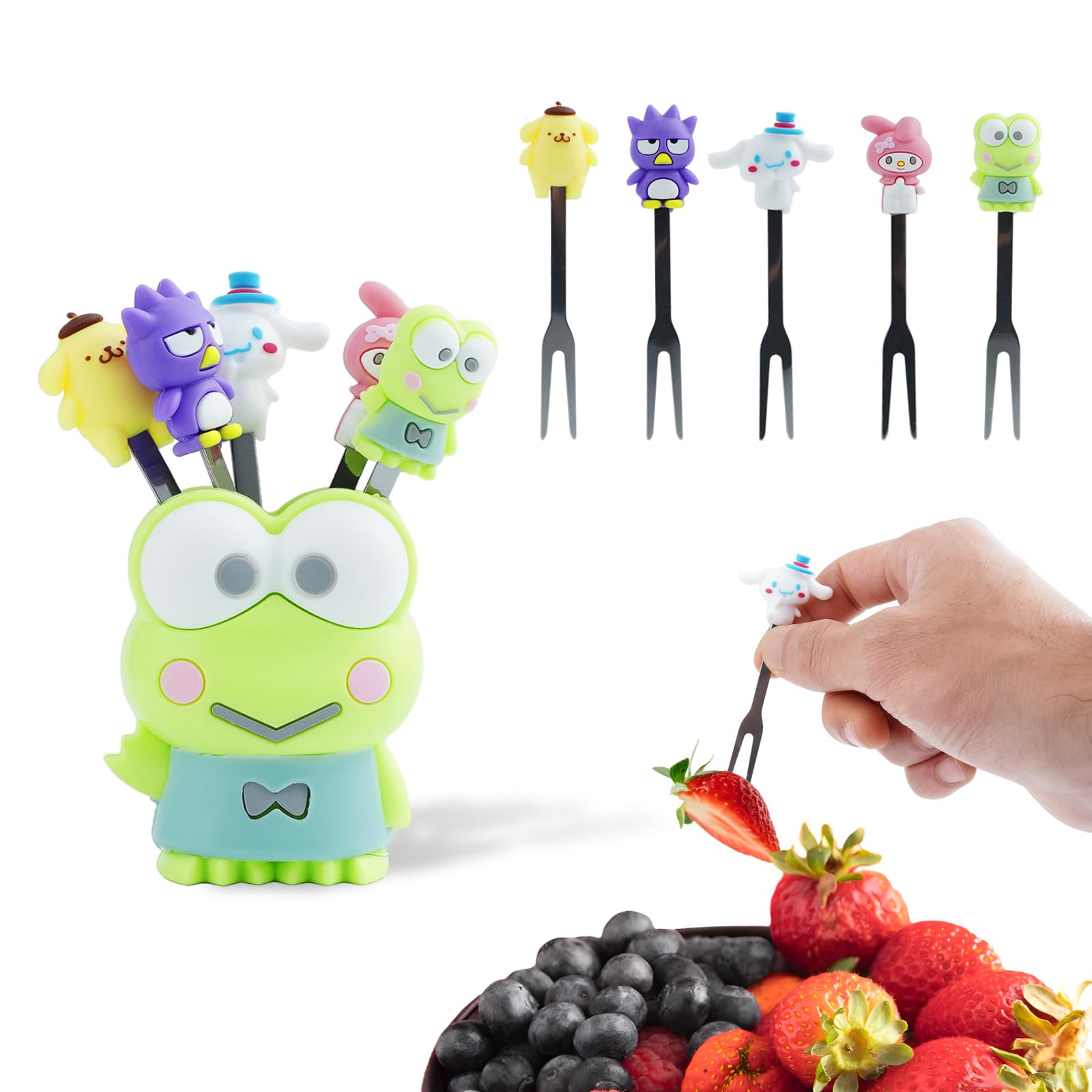 Cartoon Mini Fruit Fork, Cute Set of 6 Fruit Forks with Holder Stainless Steel Food Pick Forks for Home (Cha-SRO)
