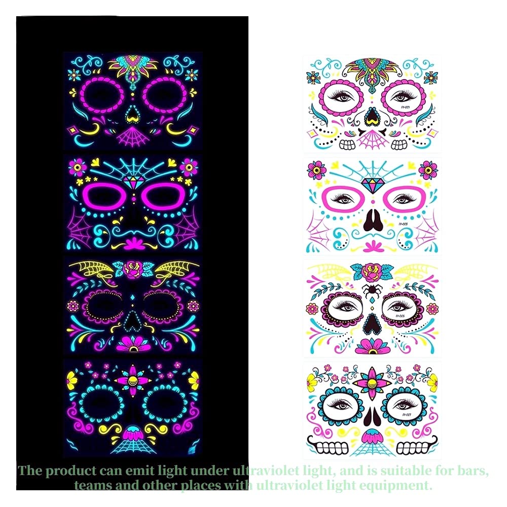 Beilingdun Halloween & Day of the Dead Sugar Skull Glowing Temporary Face Tattoos (8 Packs),Roses Spider Net and Floral Black Skeleton Web Red Roses Full Face Mask Tattoo for the halloween &Night Party