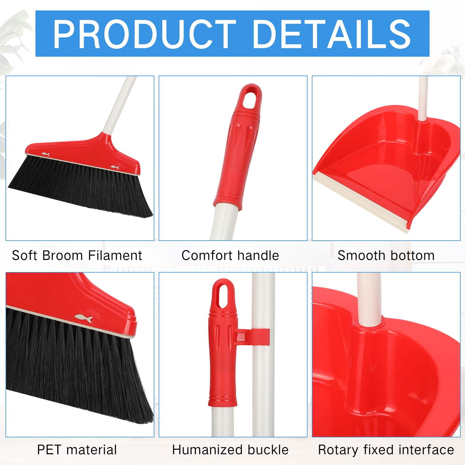 WILLBOND 12 Set Broom and Dustpan Set, Long Handle Broom with Upright Standing Dustpan, Broom with Dustpan Combo Set for Outdoor Kitchen Lobby Office Floor Cleaning (Red)