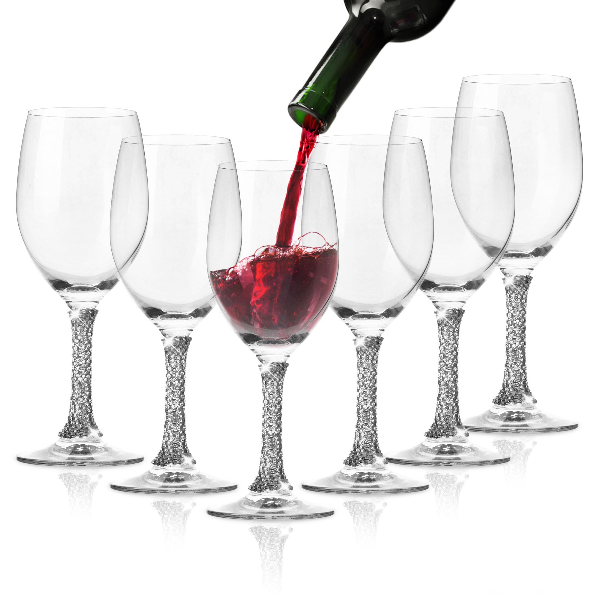 BERKWARE Premium Wine Glasses Set of 2 - Crystal Long Stem Wine Glass with Silver Rhinestone Stem Design - 12 oz