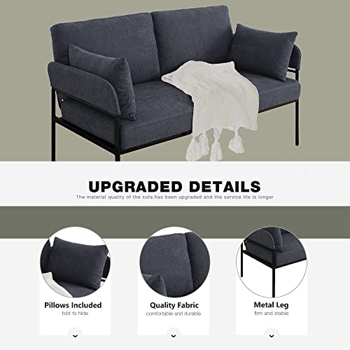 JULYFOX 59 in Wide Sofa Gray, Overstuffed Linen Fabric Couch Metal Frame 400 lbs Heavy Duty Tufted Loveseat Sofa for Small Spaces 2 Toss Pillows Included
