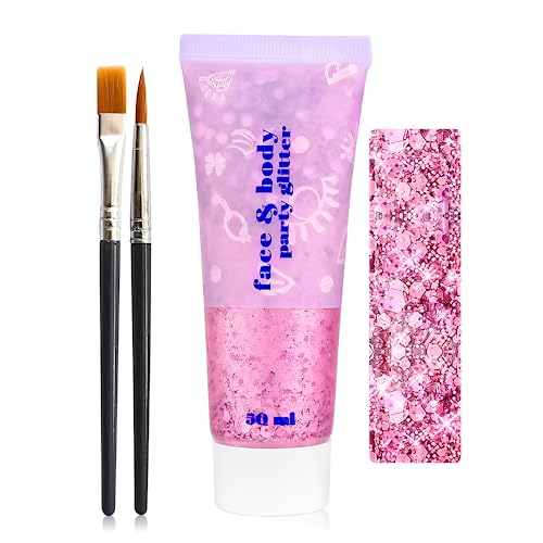 Pink Body Glitter Gel 1.76 Oz, Face Glitter Makeup Sequins Face Paint, Shimmer Liquid Eyeshadow, Sparkling Holographic Gel Lip, Long Lasting Hair Bling Bling Hair Gems, Nail Glitter Gel for Women