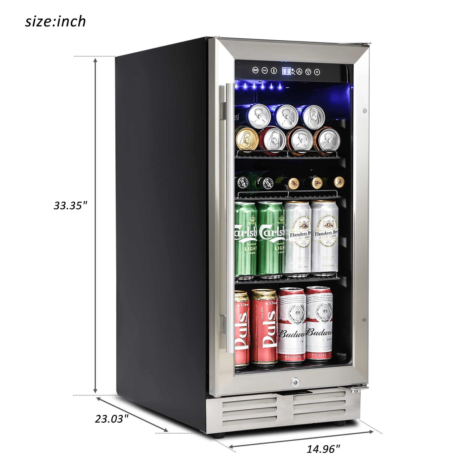 LUMISOL Mini Beverage Refrigerator and Cooler, 15" Cooler Under Counter Built-in or Freestanding, 120 Cans Capacity Wine Cabinet with Blue Interior Light Adjustable Shelves, for Home Bar office