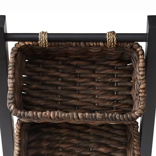 Casafield 3-Tier Floor Stand with Water Hyacinth Storage Baskets, Black/Espresso - Standing Organizer Rack for Bathroom, Kitchen, Laundry, Living Room