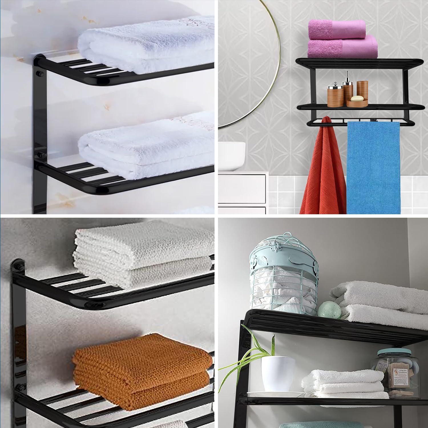 Satin Polished 3-Tier Towel Rack | BATH ESSENCE 24'' Wall-Mounted Bathroom Towel Shelf with Bar & 5 Hooks | Rust-Proof Stainless Steel Towel Hanger & Organizer | Space-Saving Storage