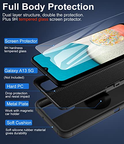 Dahkoiz for Samsung Galaxy A13 5G Phone Case, with Glass Screen Protector, Dust-Proof Port Cover, Magnetic Car Mount Support, Full Body Non-Slip Rubber Covered, Durable & Shockproof, Black/Black