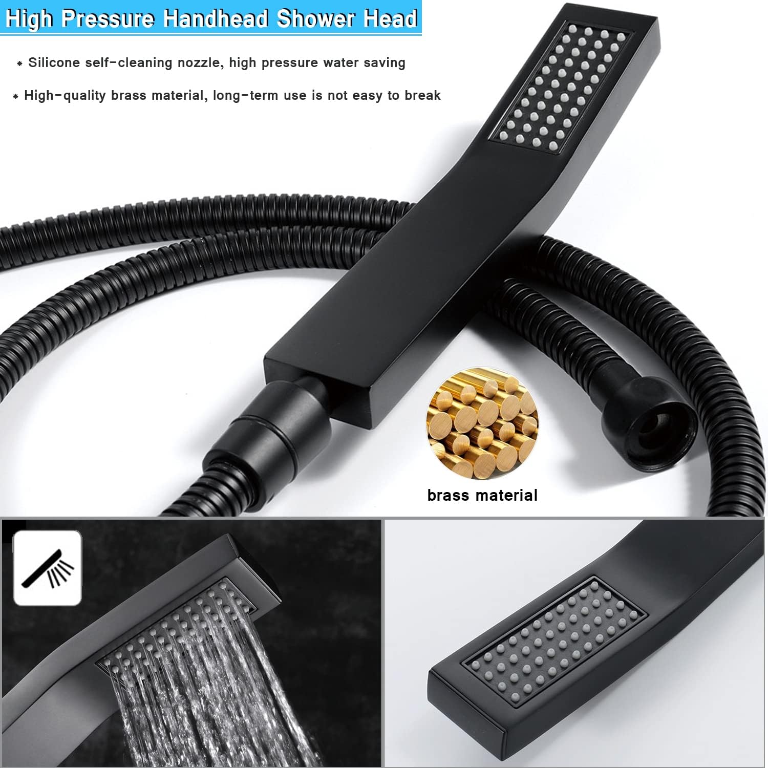BELLEARLY All Metal 12'' Rain/Rainfall Shower Head with Handheld Spray Combo, High Pressure Square Shower Head with 13'' Extension Arm, Dual Black Shower Heads with 78'' Hose, Waterfall Showerhead