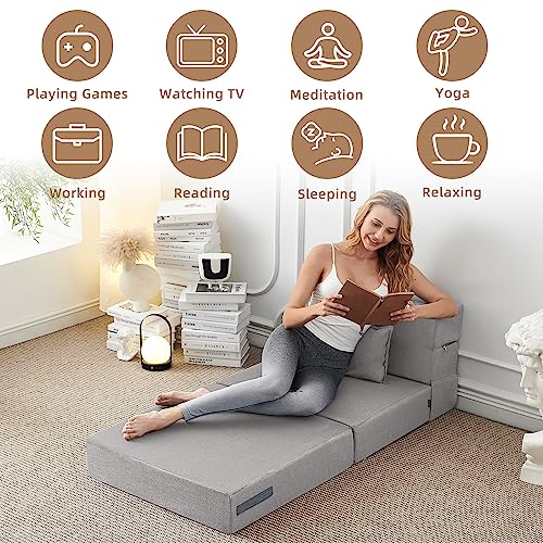 FILUXE Convertible Folding Sofa Bed - Sleeper Chair with Pillow, Modern Linen Fabric Floor& Futon Couch, Foldable Mattress for Living Room/Dorm/Guest Use/Home Office/Apartment, Single Size, Light Grey