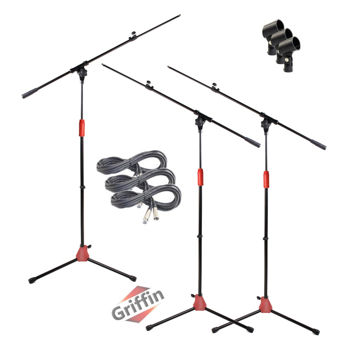 Microphone Boom Stand with XLR Mic Cable & Clip (Pack of 3) by GRIFFIN | Telescoping Arm Tripod Legs for Studio Recording Accessories, Singing Vocal Karaoke, Live Stage | 20ft Pro Audio Mic Cord Wire