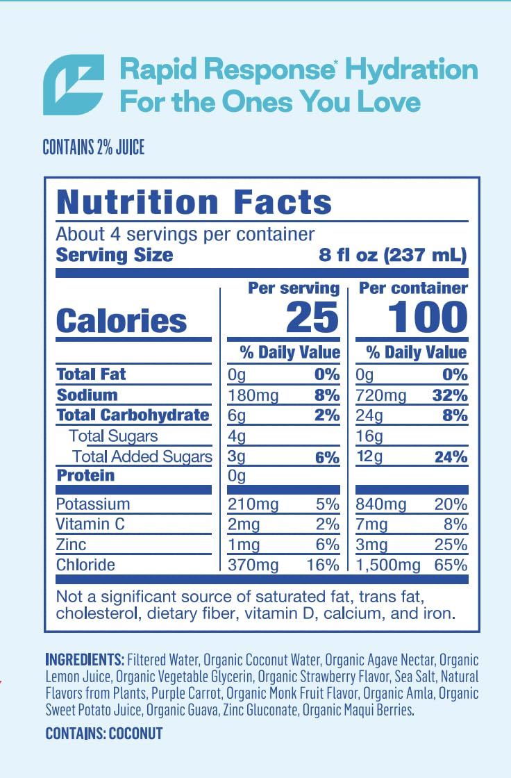 Berri Lyte Advanced Plant Based Organic Electrolyte Solution β Pediatric Rehydration Drink β Natural Sugar Strawberry Flavor, 1 L, 6 ct