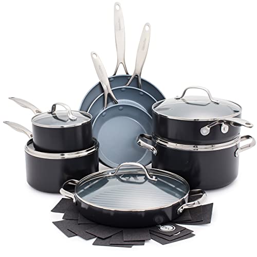 GreenPan Valencia Pro Hard Anodized Healthy Ceramic Nonstick 16 Piece Cookware Pots and Pans Set, Gray & Lima Hard Anodized Healthy Ceramic Nonstick 11" Griddle Pan, PFAS-Free, Oven Safe, Gray