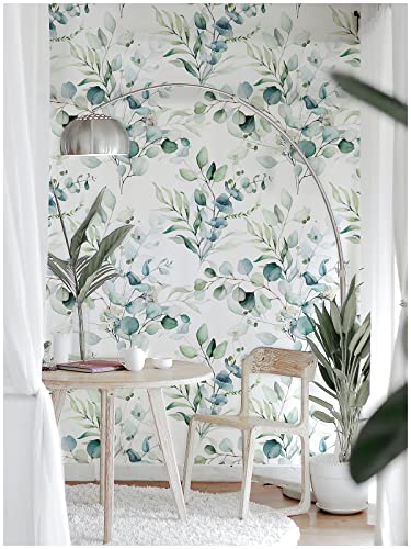 HAOKHOME 93042 Peel and Stick Wallpaper Green/White Eucalyptus Leaf Floral Wall Mural Home Nursery Boho Decor 17.7in x 9.8ft