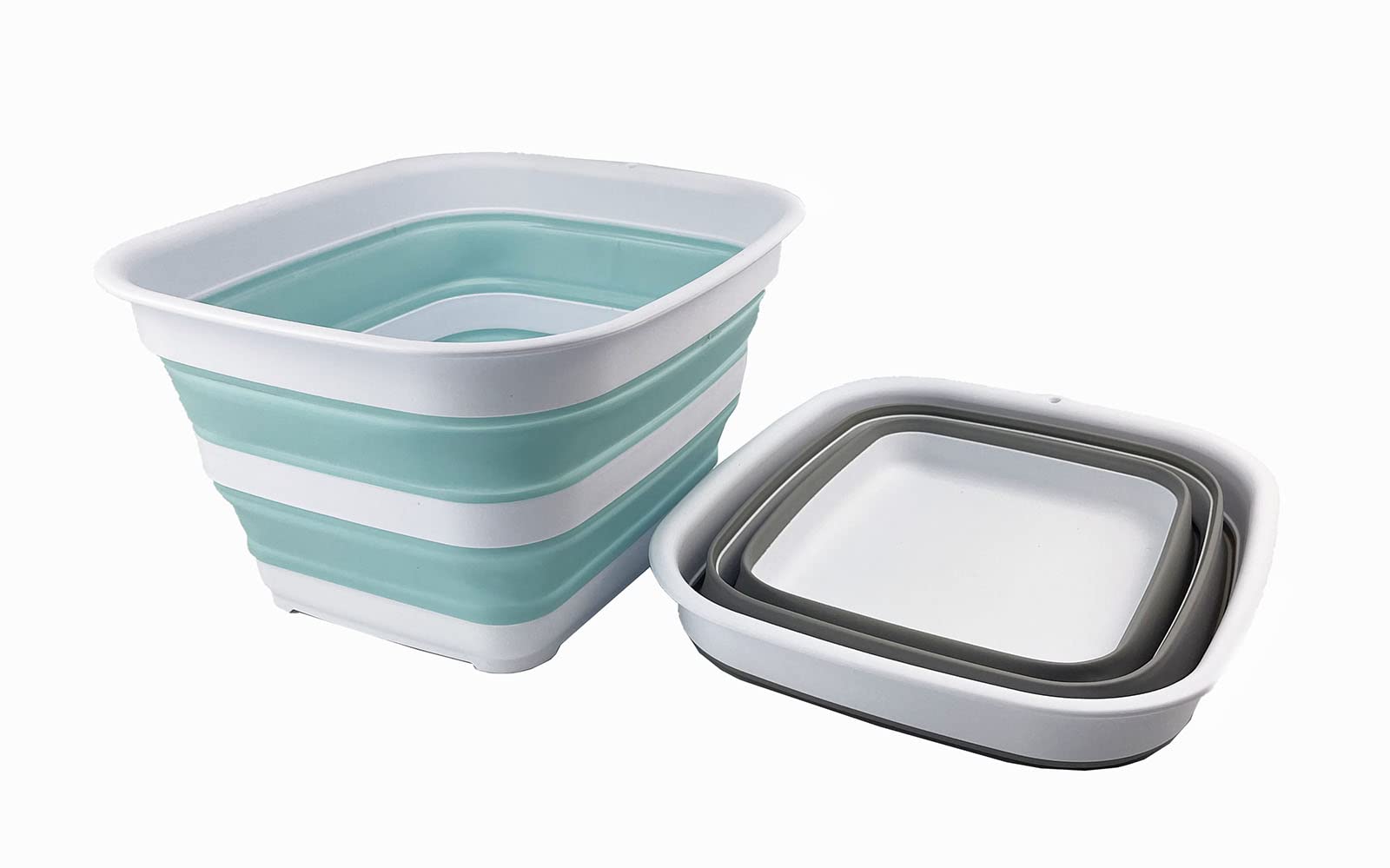 SAMMART 15L (3.9 gallons) Collapsible Plastic Washing Tub - Foldable Washtub - Portable Washing Basin - Space Saving Easy Storage (Lake Green+Grey (Set of 2))