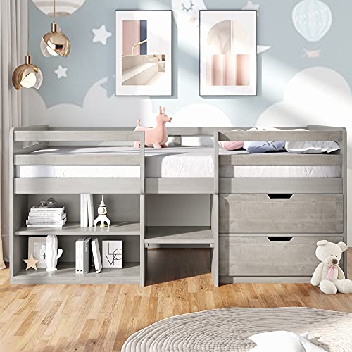 DRELOFT Twin Size Low Loft Bed with 2 Storage Shelves and 2 Drawers, Wooden Storage Bed Loftbed Frame for Kids Boys Girls Bedroom, No Box Spring Needed, Antique Gray