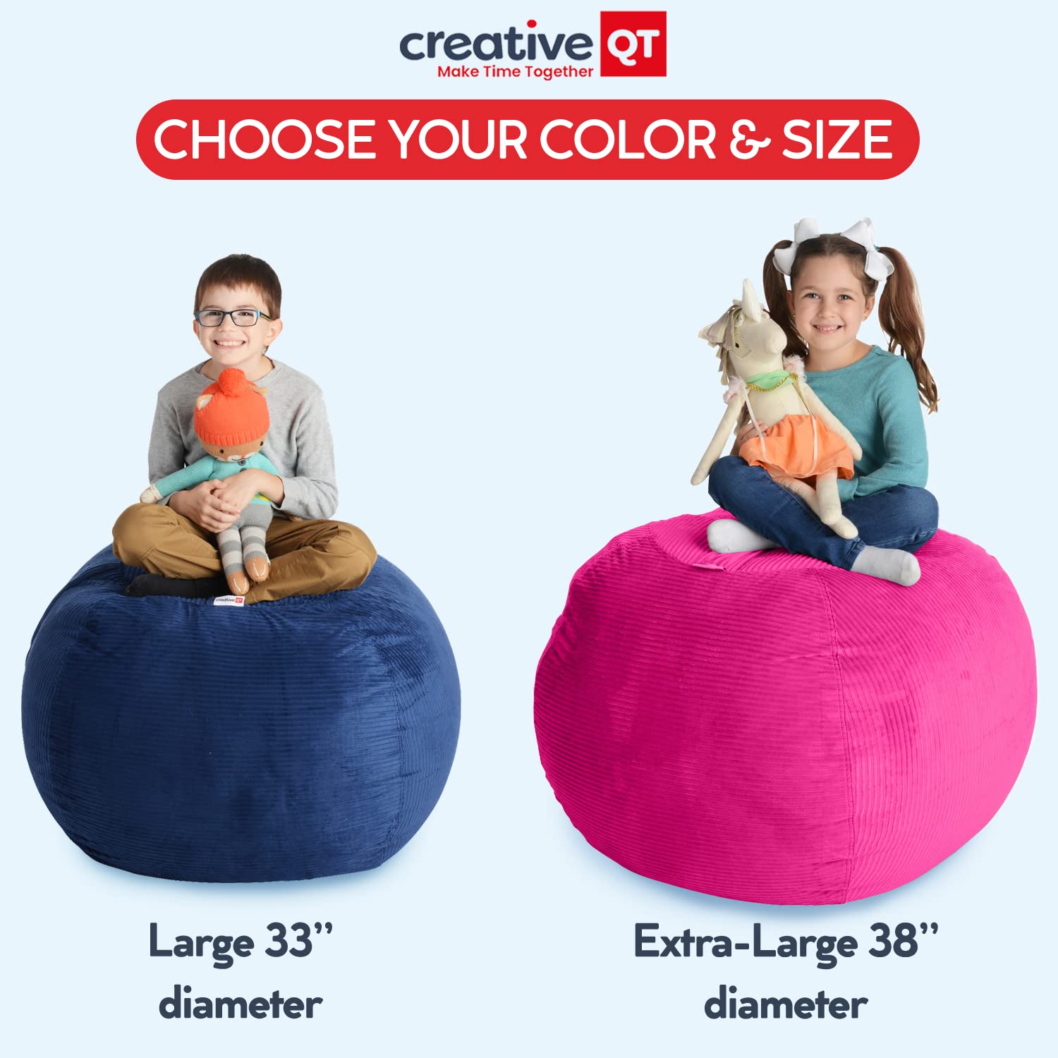 Creative QT Stuff ’n Sit Extra Large 38’’ Bean Bag Storage Cover for Stuffed Animals & Toys, Giant Beanbag Chair for Plush, Toddler & Kids Rooms Bedroom Organizer for Christmas, Royal Blue Corduroy