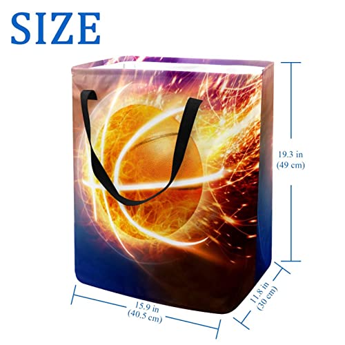 Burning Basketball Glowing Lights Print Collapsible Laundry Hamper, 60L Waterproof Laundry Baskets Washing Bin Clothes Toys Storage for Dorm Bathroom Bedroom