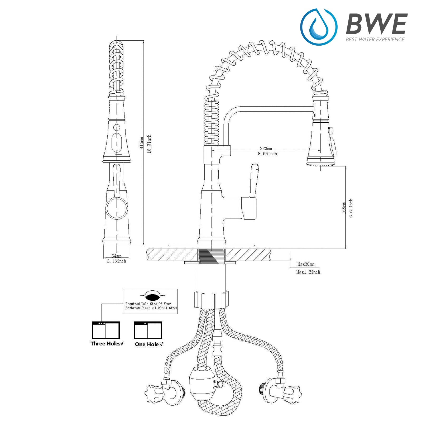 BWE Kitchen Faucet with Pull Down Sprayer, Brushed Nickel, High Arc Single Handle, One Hole, Spring, Commercial RV 3 Functions, Brass Gooseneck with Deck Plate, Fregaderos de Cocina