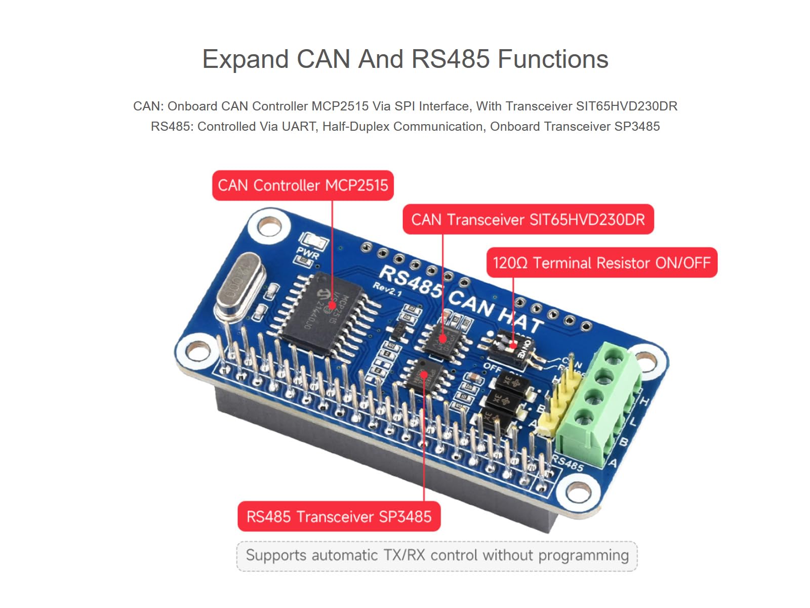 RS485 CAN HAT for Raspberry Pi 4 3/2/1 Model B B+ A+, Onboard CAN Controller MCP2515 via SPI Interface, Transceiver SN65HVD230 and SP3485, Allow Long-Distance Communication via RS485/CAN Function