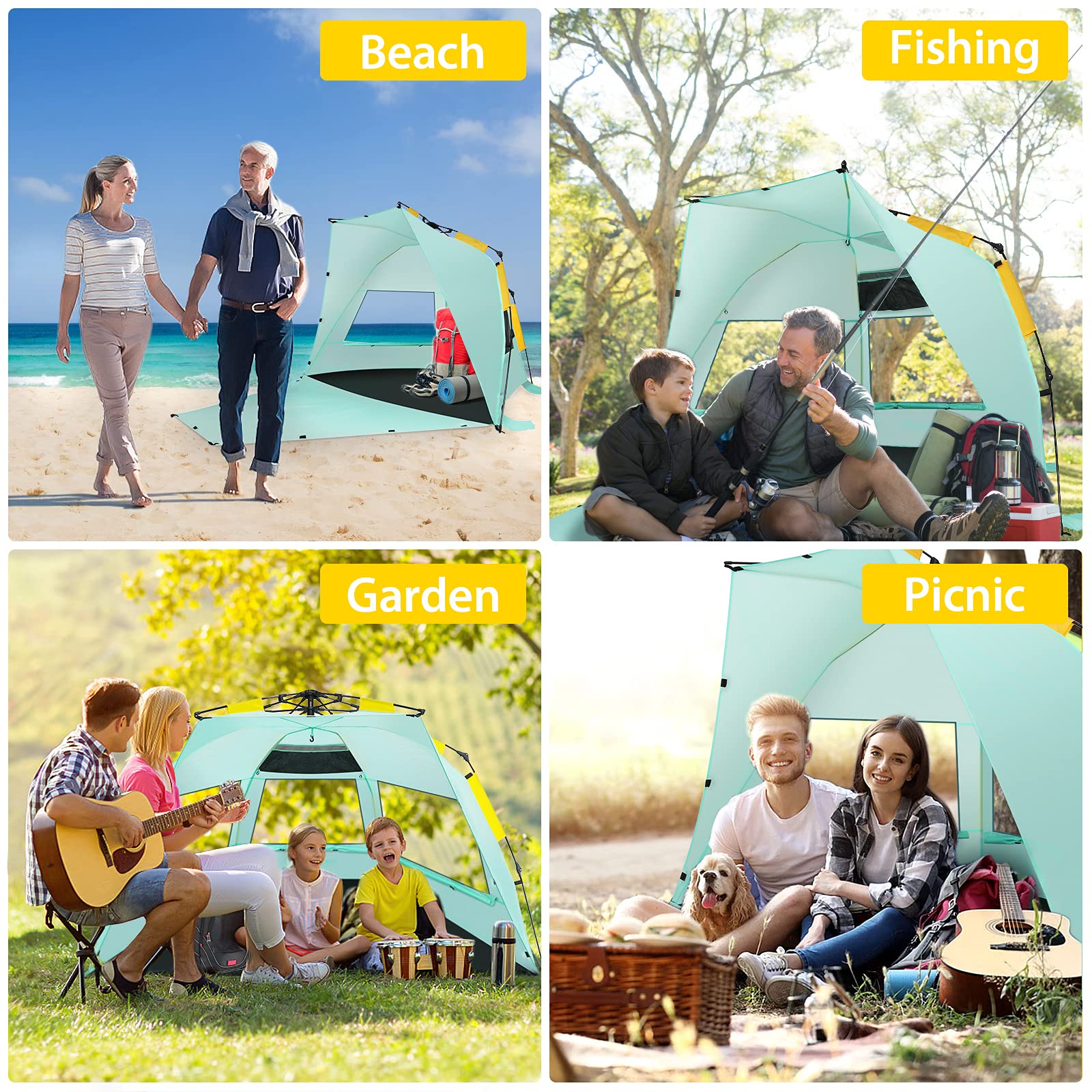 BRGOOD X-Large 4 Person Beach Tent Sun Shelter, Pop Up Tent Instant Tent for Beach Extendable Floor with 3 Ventilating Windows for Camping, Outdoor, Beach Waterproof Windproof with Carrying Bag