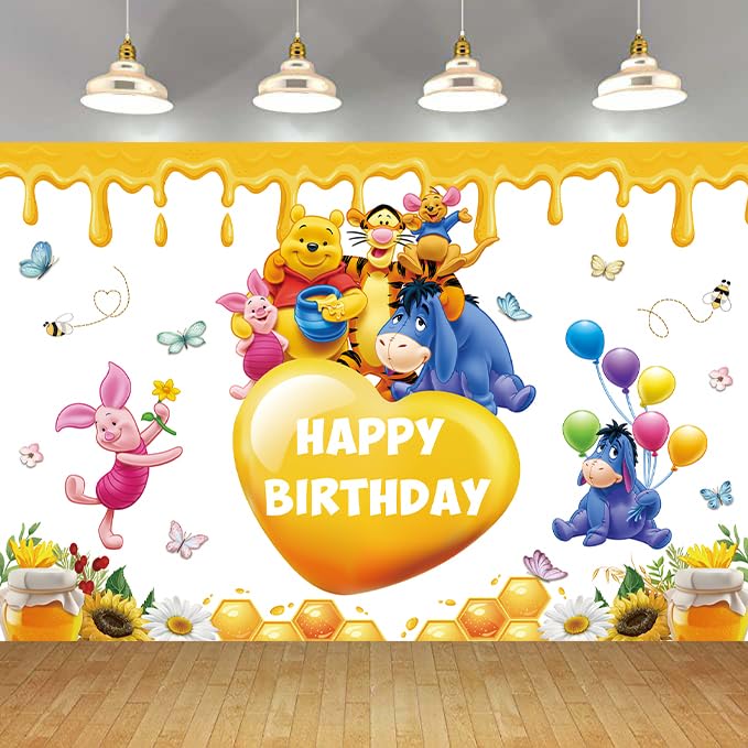 Classic Cartoon Bear Happy Birthday Backdrop Boys Girls Birthday Party Decoration Supplies Color Balloon Honey Bear and Friends Photograph Background Baby Shower Cake Table Decoration Background 7x5ft