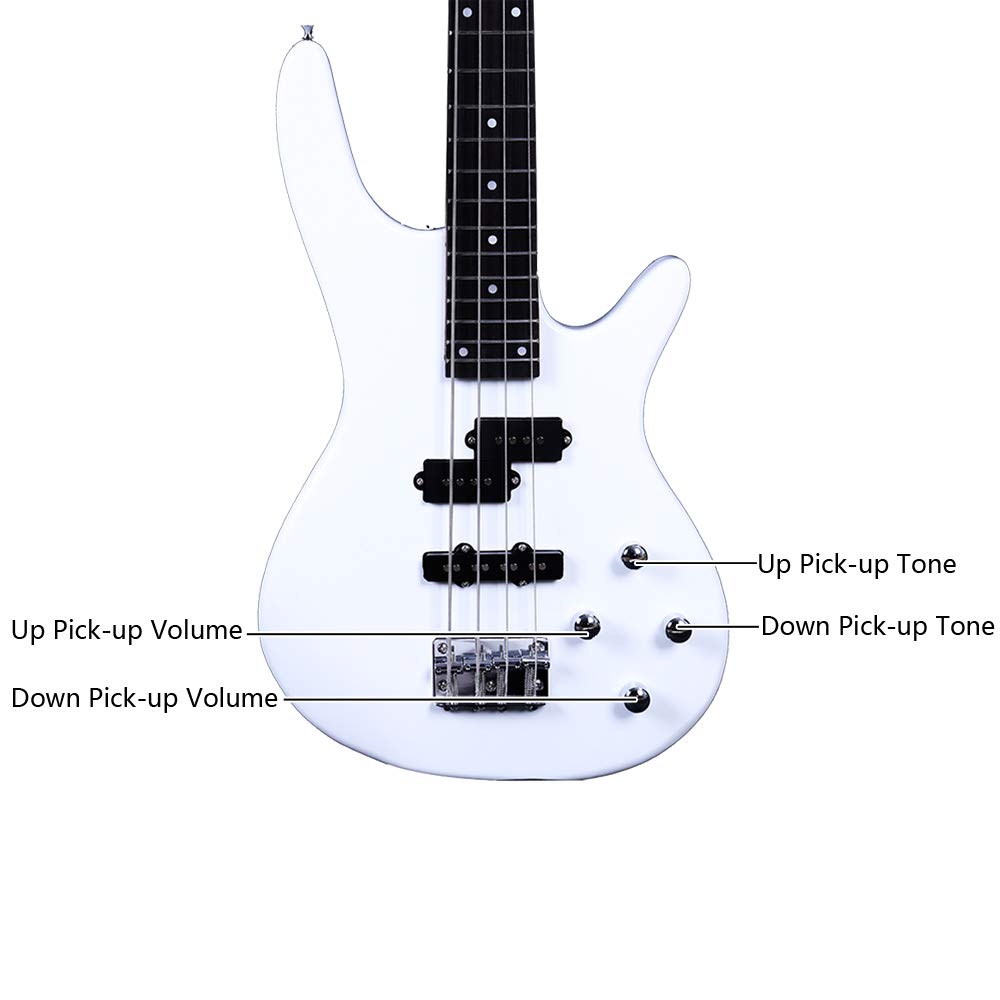 GLARRY Electric Bass Guitar Full Size 4 String Exquisite Stylish Bass with Power Line and Wrench Tool (White)