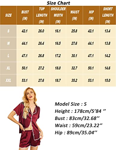 eshion Women's Short Sleeve Pjs Silk Pajama Top with Shorts Set Comfortable Summer Loungewear (Wine Red,XXL)
