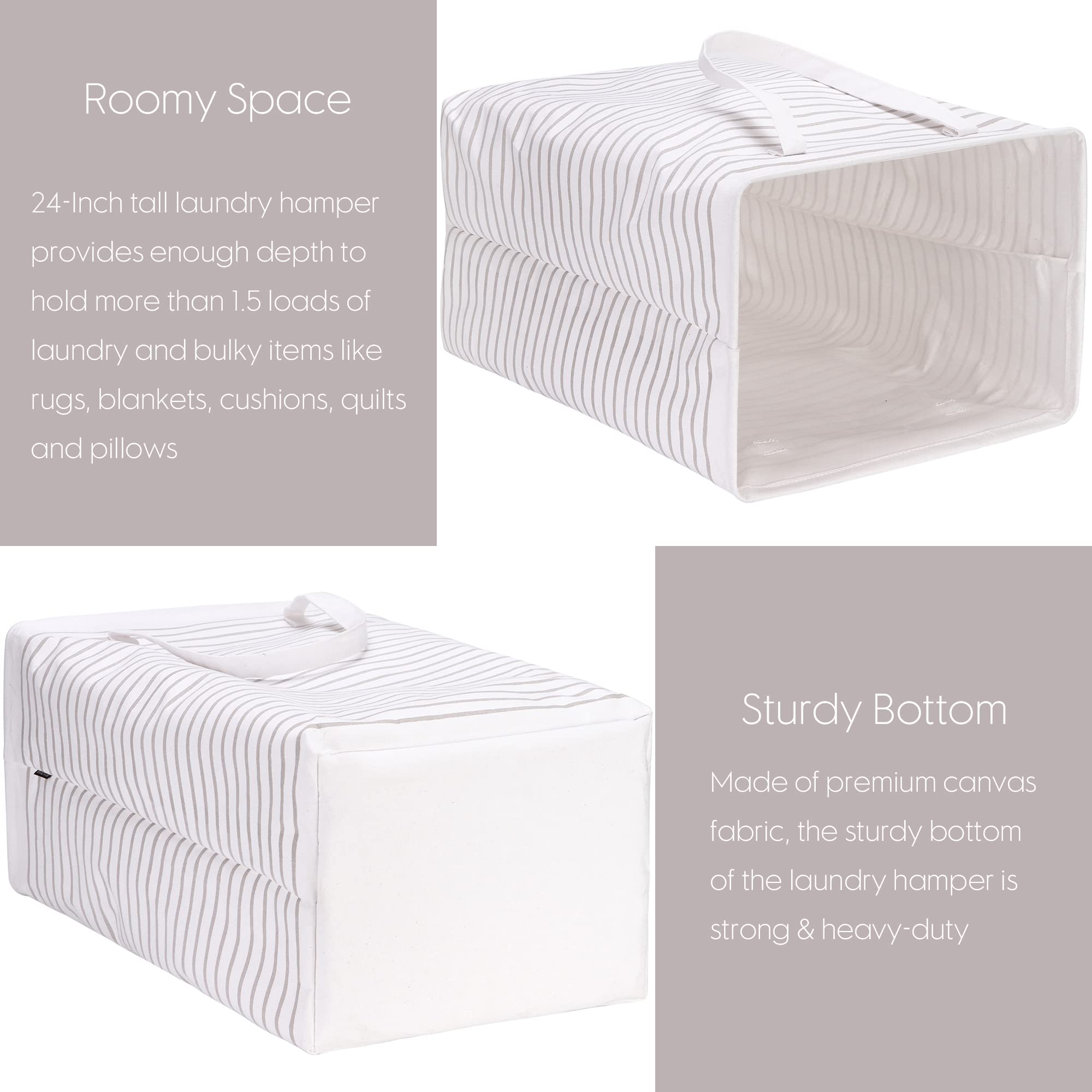 Hinwo 20 Gal / 77L Freestanding Large Laundry Hamper, Collapsible Laundry Storage Basket with Easy Carry Extended Handles for Clothes Toys, 16 x 12 x 24 Inches, Grey Stripe