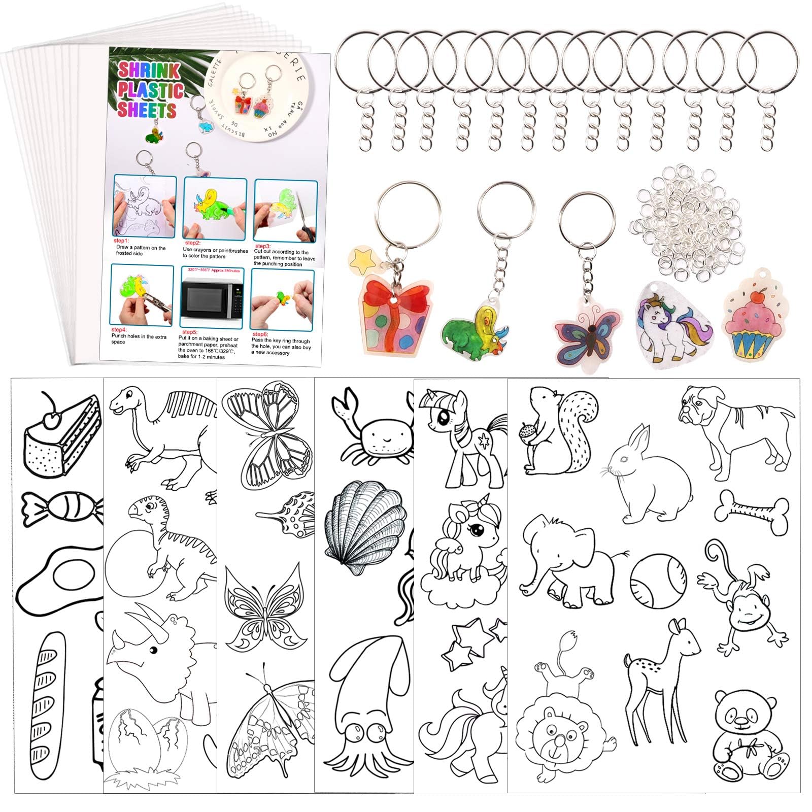 Natonhi Heat Shrink Plastic Sheets Kit 145Pcs Shrink Art Kit Including 20pcs Shrinky Paper Sheets 6pcs Traceable Picture Keychains Accessories- Perfect for Shrink Dink Sheets Crafts Making