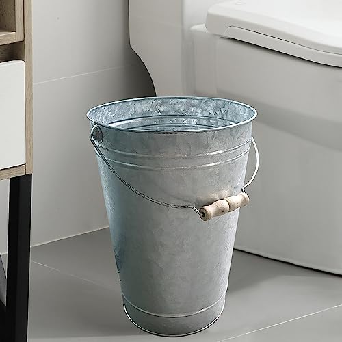Eonvgei Metal 3.5 Gallon Large Wastebasket Trash Can,with Wooden Handle for Bedroom,Kitchen,Bedroom,Home Office Decor,13 Liters (Silver)