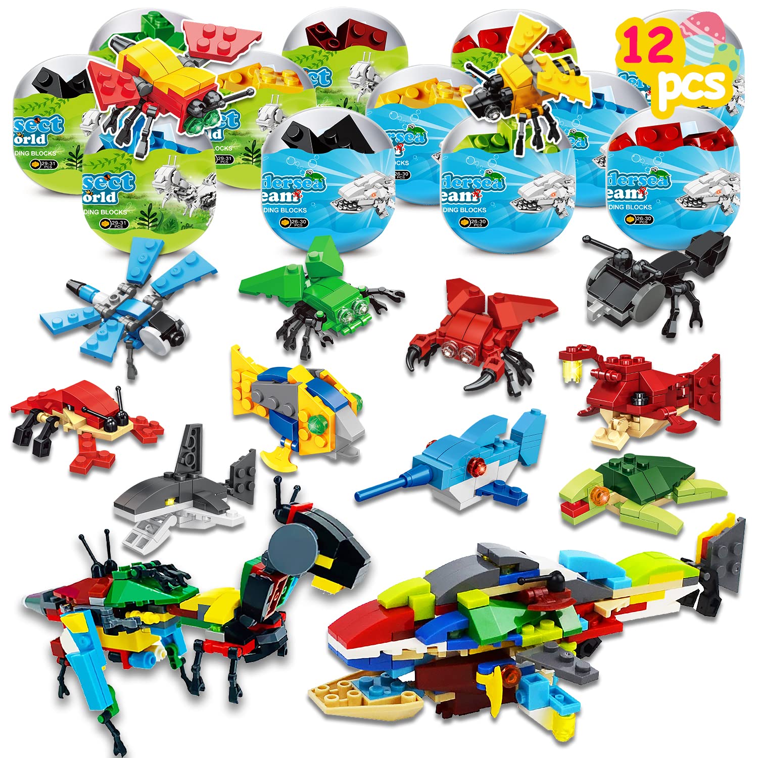 Party Favors for Kids 4-8 8-12 Mini Building Blocks Toys with 12pcs Insect & Sea Animals Goodie Bags Stuffers Pinata Classroom Prize Box Fillers Birthday Party Supplies for Boys Girls