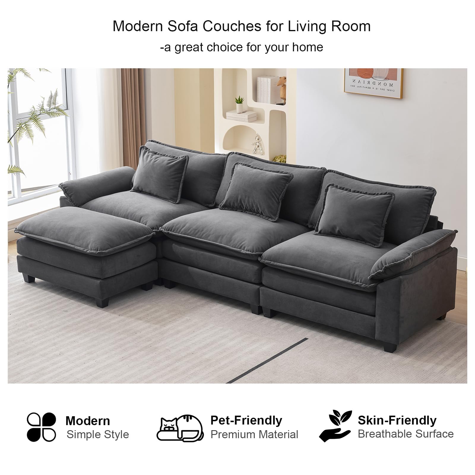 DRMBOOK 120" Modern Deep Cloud Couch Sectional with Ottoman, Velvet Sleeper Sofa Comfy Upholstered Couches for Living Room/Bedroom/Apartment/Office, Pillows Includes (Dark Grey)