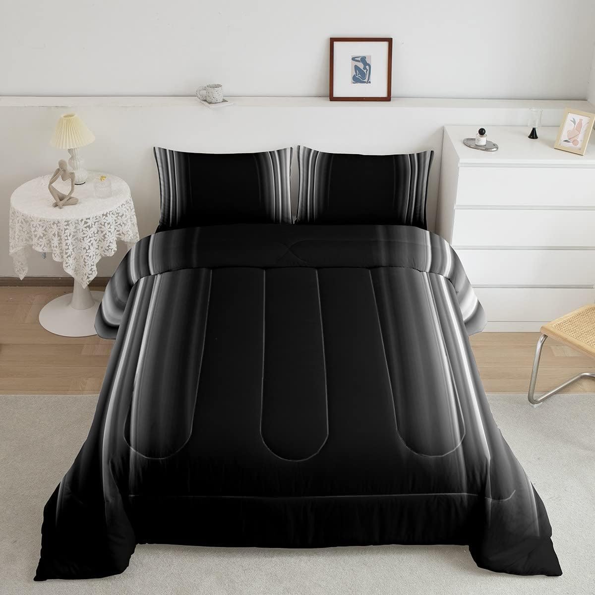 Geometric Abstract Ombre Bedding Set Men Adults Teens Grey Gray and Black Striped Comforter Set Kids Boys Girls Simple Modern Quilt Setwith 2 Pillowcases 3Pcs Bedding Full