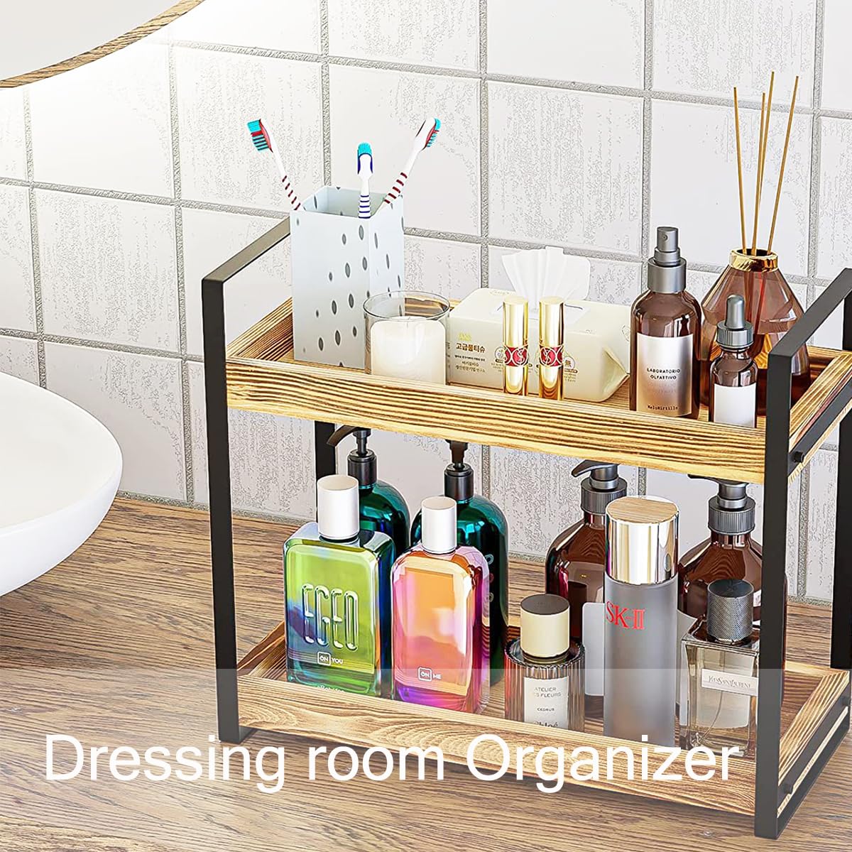 MOKIUER 2-Tier Bathroom Organizer Countertop Wood Bathroom Counter Organizer Shelf Skincare Organizers Cosmetic Storage, Standing Vanity Organizer Vanity Tray for Bathroom Kitchen Organization