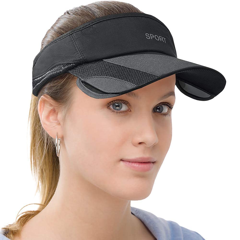 Men Women Sun Protection Sports Visor Hats Summer Wide Brim Adjustable Golf Tennis (Black, One Size)