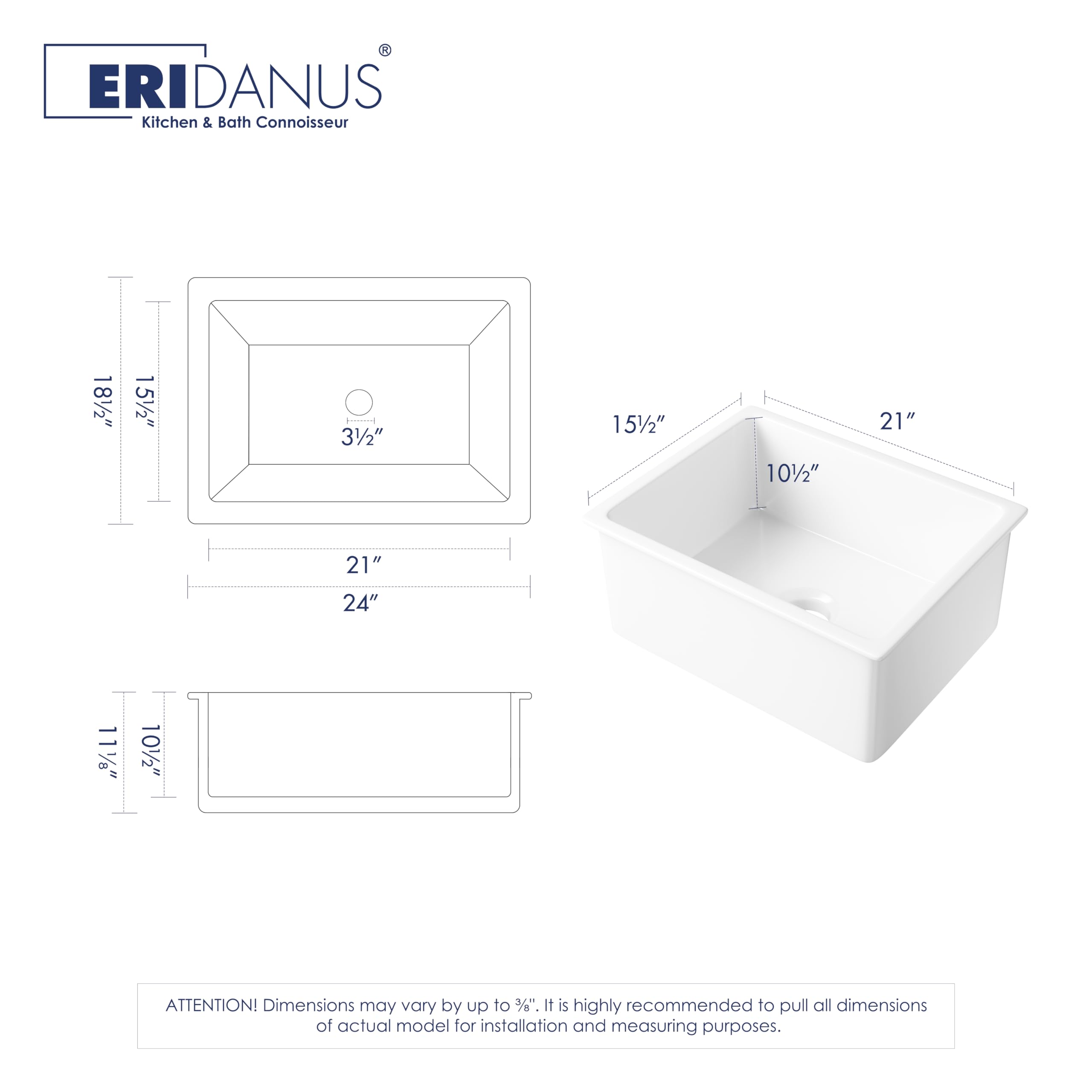 Drop in Kitchen Sink, Eridanus 24" x 18" Undermount Kitchen Sink 24 Inch Fireclay Sink Dual Mount White Kitchen Sink Topmount Deep Single Bowl with Bottom Grid and Strainer Drain