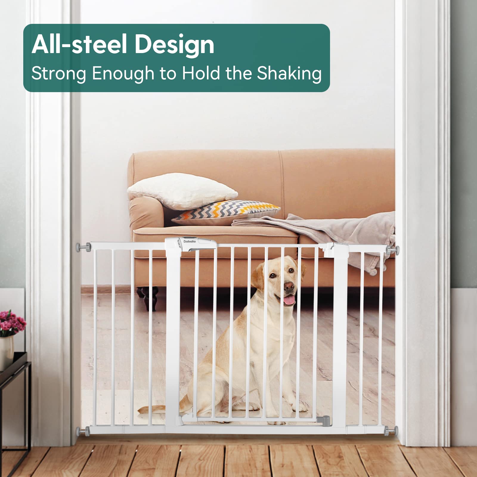 BABELIO 29-51 Inch Extra Wide Baby Gate Dog Gate, Metal Pet Gate for Stairs & Doorways, Pressure Mounted Walk Thru Child Gate with Door, NO Need Tools NO Drilling, with Wall Cups, White