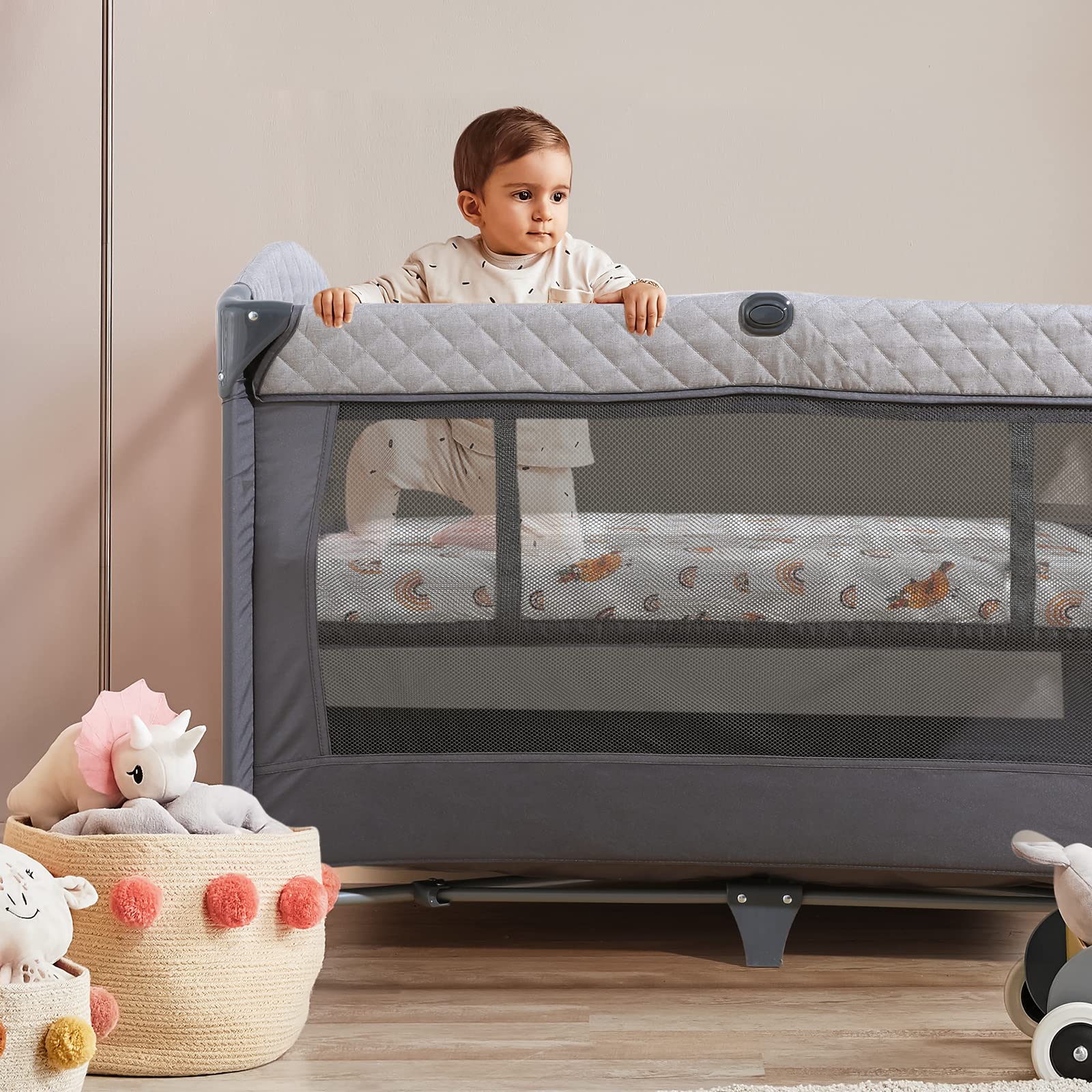 besrey Pack N Play Sheets, Premium Stretch Fitted Portable Mini Cribs Playards Sheets, Ultra Soft Breathable Jersey Knit Cotton Blend, 2 Pack with Storage Bag for Baby Girl& Boy(Boho Rainbow Birds)