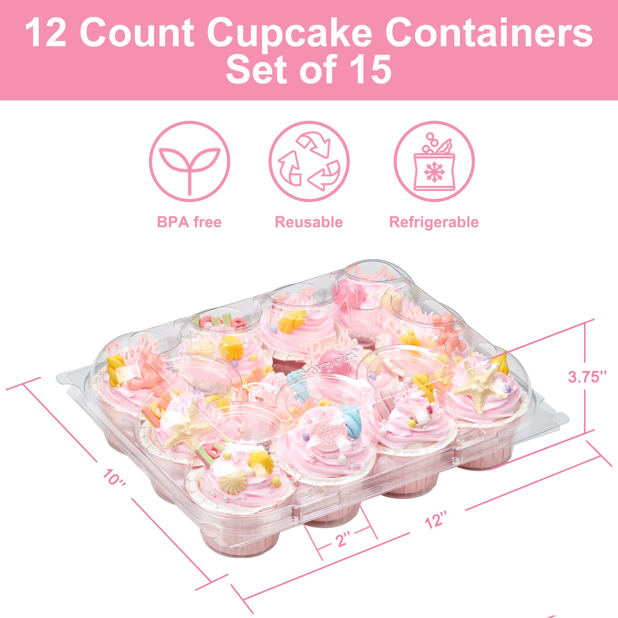 BORPEIN Cupcake Containers 12 Count Standard(12 count x 15 sets) Sturdy Strong Cupcake Boxes for 12 Cupcakes, Disposable Cupcake Carrier Holders, Clear Plastic Containers with Detachable Lid