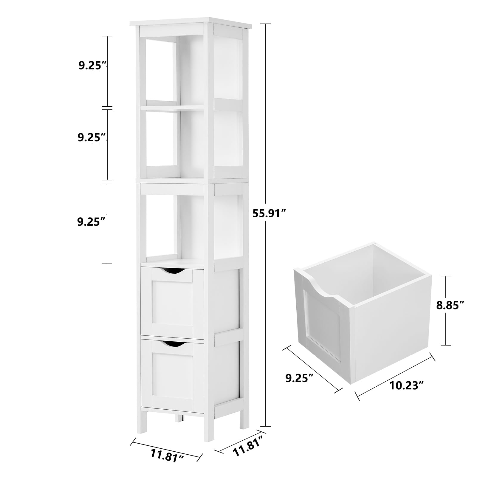 usikey 55.9" H Bathroom Storage Cabinet, Slim Tall Cabinet, Narrow Storage Cabinet with 2 Drawers & 3 Open Shelves, for Bathroom, Living Room, White