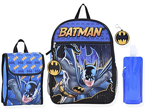 DC Comics BATMAN Boys Backpack for Little Kids | 6 Piece Set Kids Water Bottle Keychains Snack Tote and Knapsack for School (Batman 6Pc)