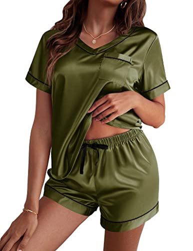 Ekouaer Women Satin Sleepwear Slip 2 Piece Pajamas Silk Pjs Short Sleeve Top and Loose Shorts Outfits Set Army Green XL