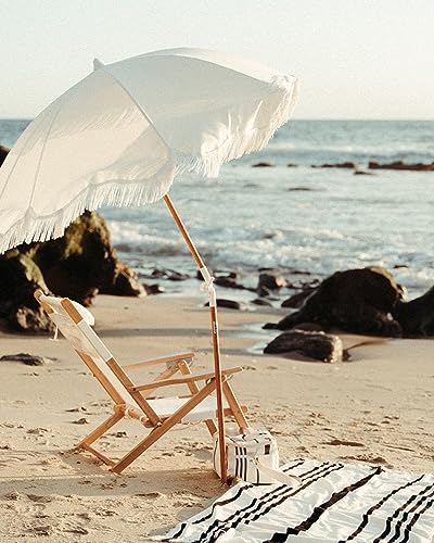 Business & Pleasure Co. Holiday Beach Umbrella ~ White Boho Fringe Umbrella, UPF 50+, 1" Tilting Wood Pole, 5’W x 6.5’H