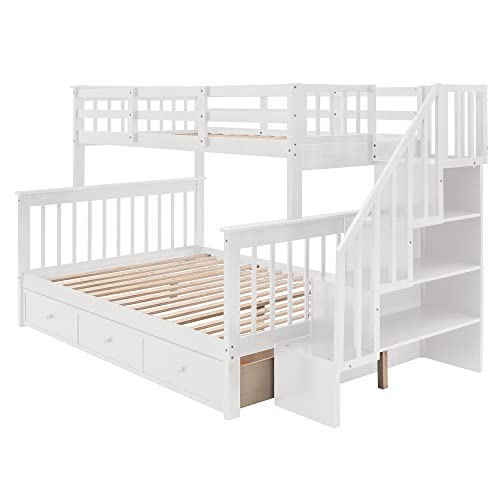 Harper & Bright Designs Twin Over Full Bunk Bed with Stairs, Solid Wood Stairway Bunk Bed with Storage Drawers for Kids Teens Adults, Bedroom, Dorm (White)