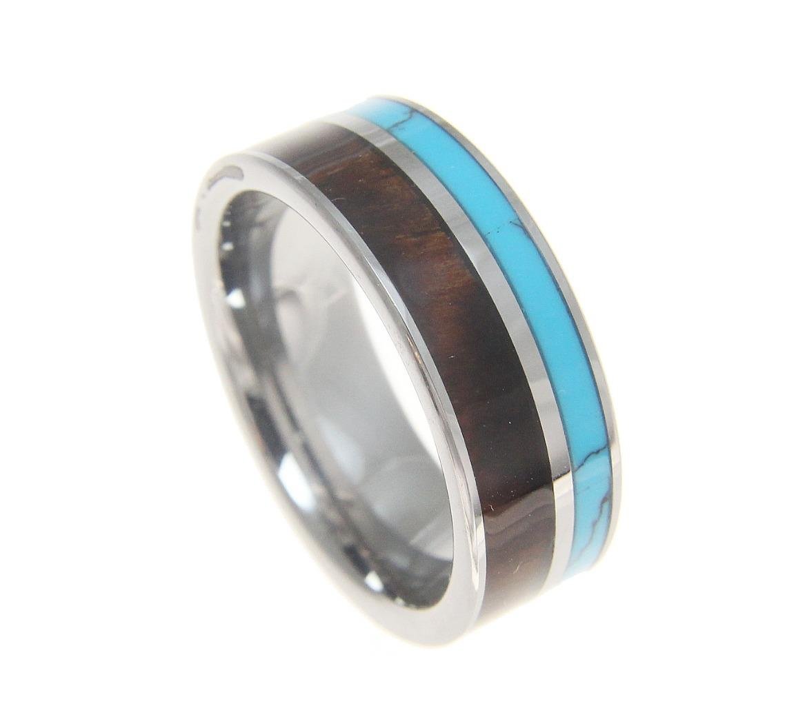 Arthur's Jewelry Tungsten 8mm wedding band ring turquoise Hawaiian koa wood comfort fit size 9