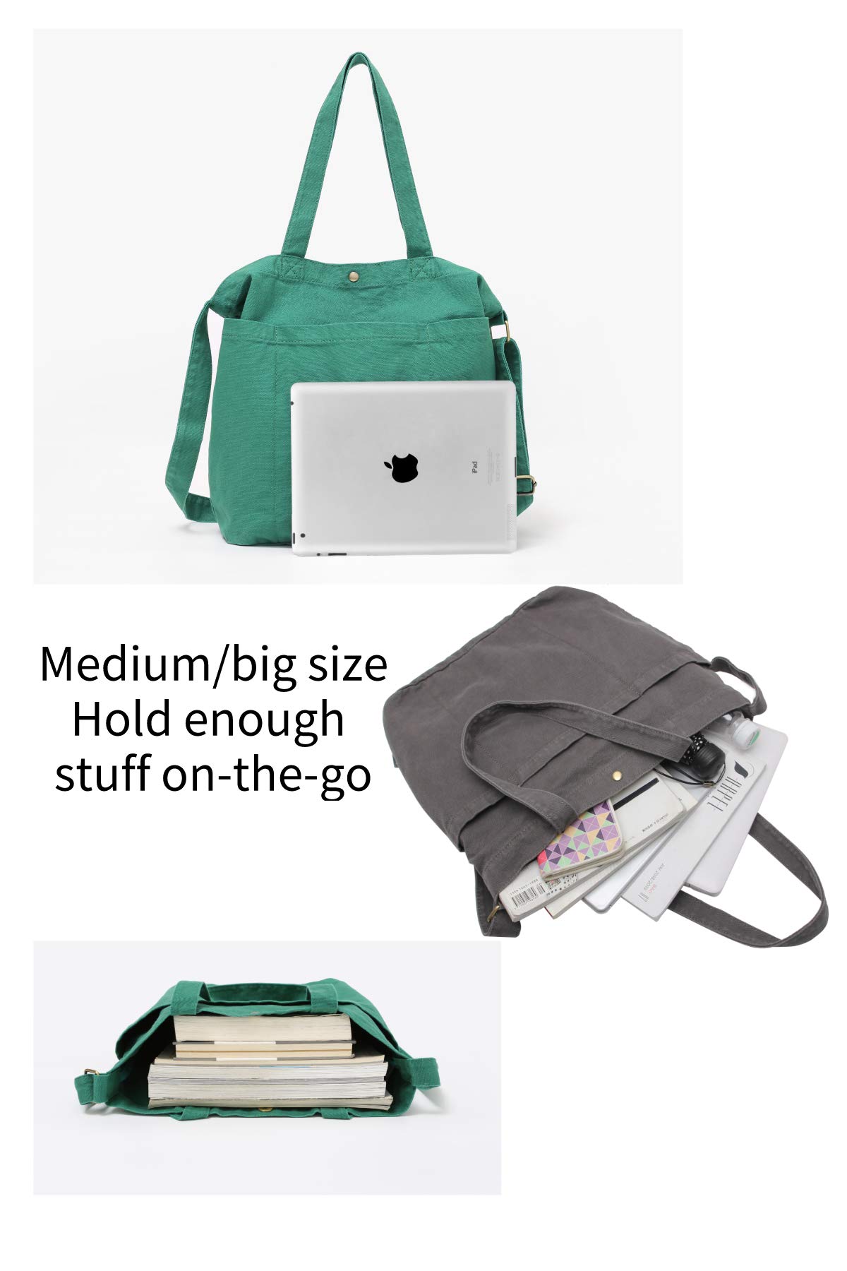 Jeelow Washed Canvas Tote Handbag Shoulder Bag Purse Crossbody With Pockets For Men & Women