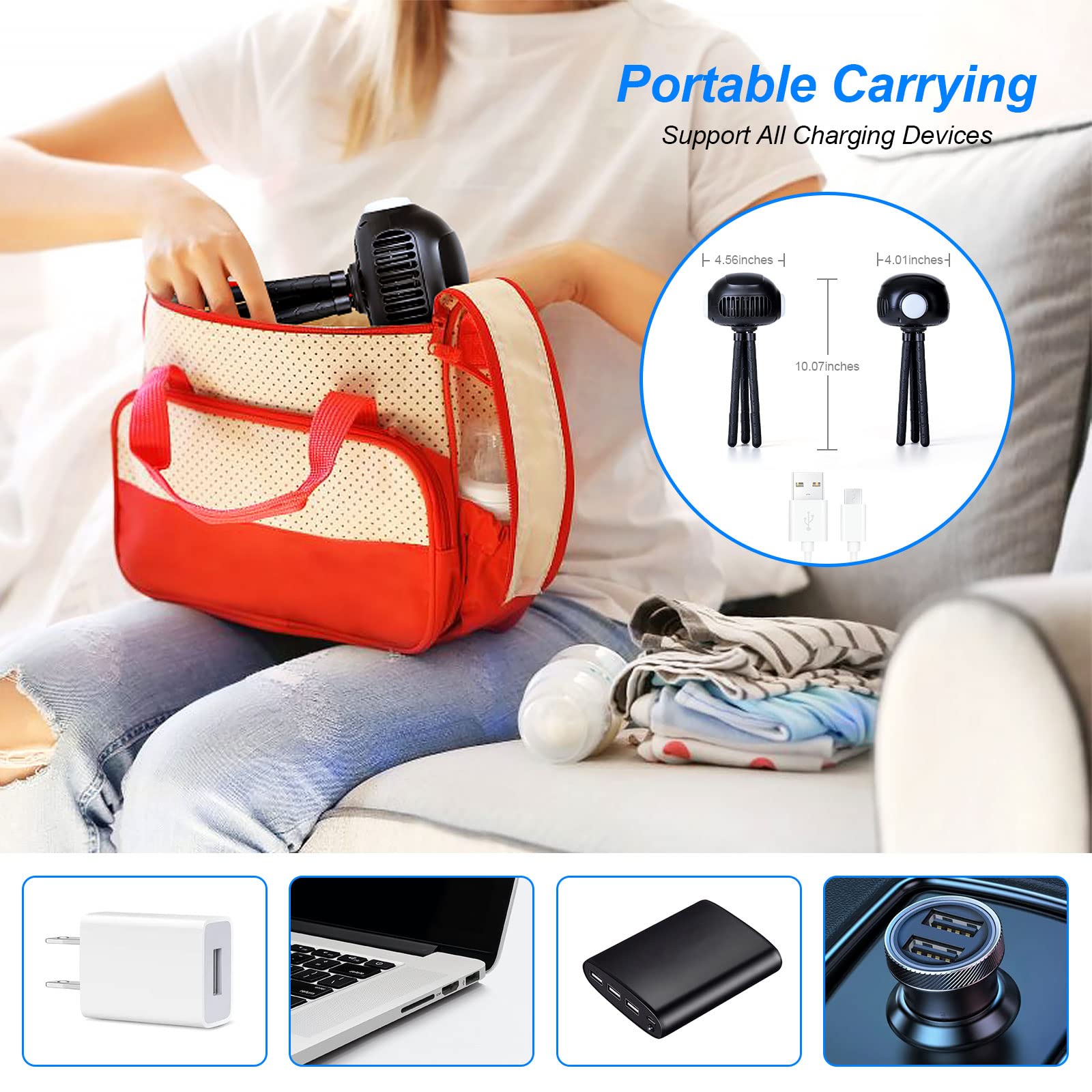 Bladeless Stroller Fan,Portable Noiseless Desk USB Fan with Night Light,Flexible Tripod,360°Rotatable,3 Speed,4000mAh,Battery Operated,Rechargeable Handheld Cooling Fan for Bed,Office,Camping (Black)