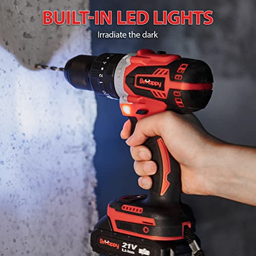 BeHappy Cordless Drill Combo Kit 21V, 1/2 Inch Brushless Power Tool Kit and 1/4 Inch Impact Driver, Electric Drill Kit with 2 Batteries and Charger, DIY