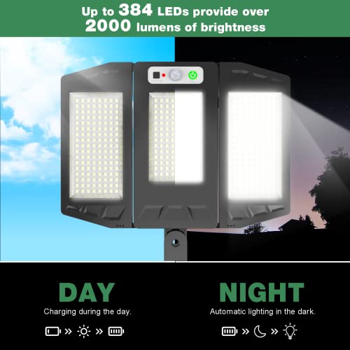 Ceena Outdoor Solar Lights with Romote, IP65 Waterproof Motion Sensor Solar Street Light, 384LEDs 2000lm Super Bright Security Pole Light for Front Door, Patio, Street, Backyard, 1 Pack
