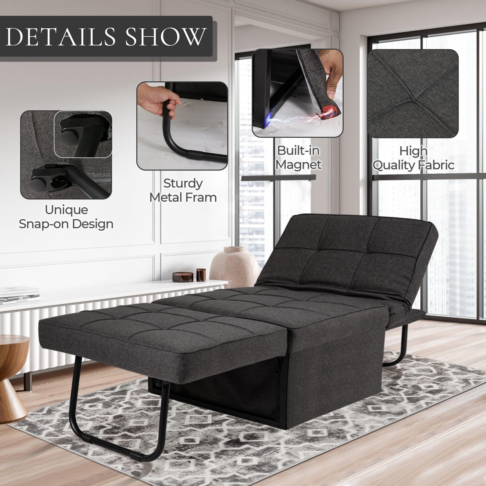 FHFO 4 in 1 Ottoman Bed Sleeper Chair Bed Folding Ottoman to Bed Chairs Breathable Linen Sofa Bed with Adjustable Backrest Pillow for Living Room Apartment Office, 28β Width, Dark Grey